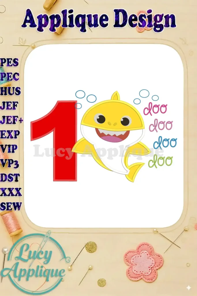 Baby Shark doo doo doo doo Birthday Number 1 Applique Embroidery Design ...